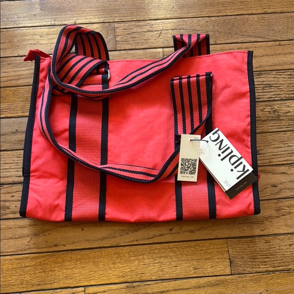 Kipling | Bags | Kipling Vibrant Red Tote With Black Stripes | Poshmark